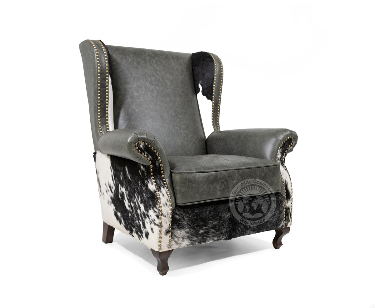 Wingback Chair - Grey Leather with Black & White Cowhide Accents ...